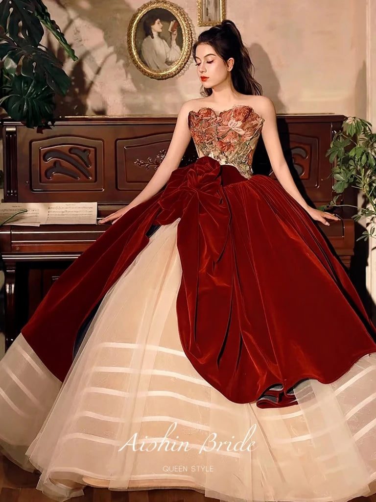 Elegant Burgundy Princess Couture Ball Gown Dress on Luulla