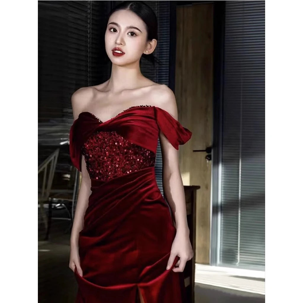 Elegant Off-shoulder Red Velvet Evening Dress on Luulla
