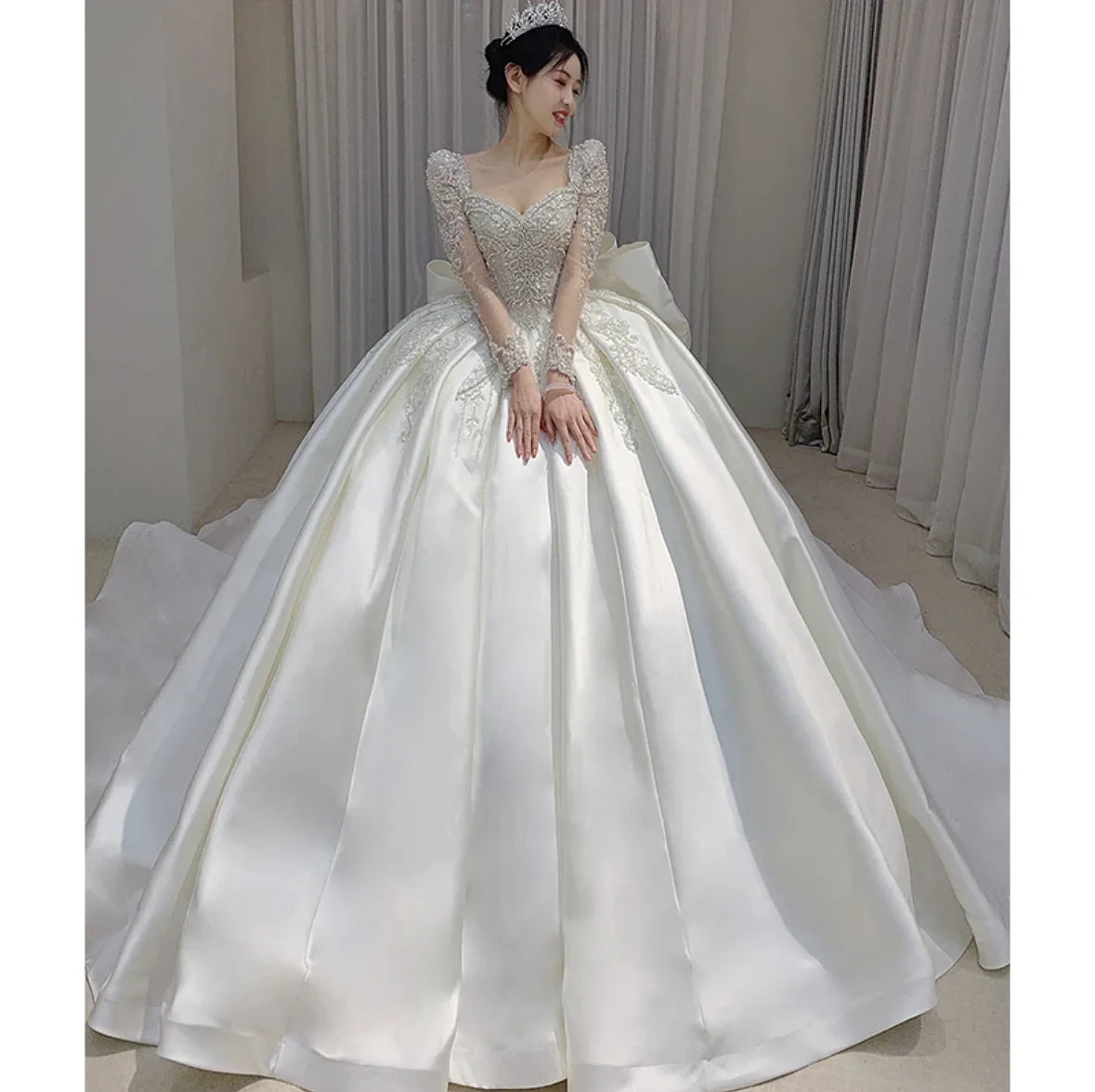 Elegant Long-sleeve Satin Beaded Wedding Gown Bridal on Luulla
