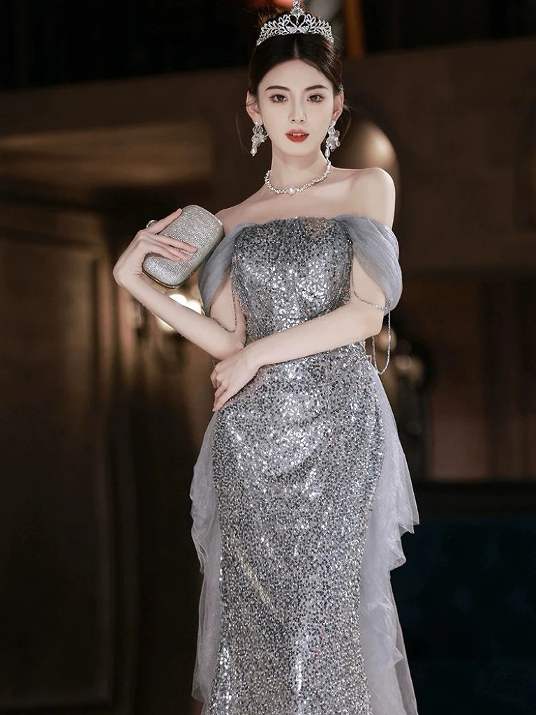 Silver Sequin Gown With Elegant Off-shoulder Design on Luulla